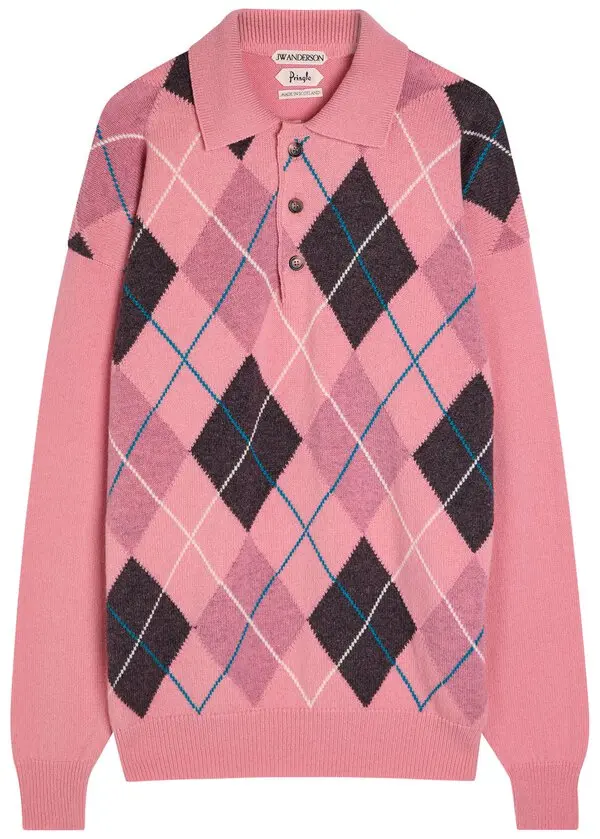 JW Anderson Argyle Wool Polo Jumper - Pink