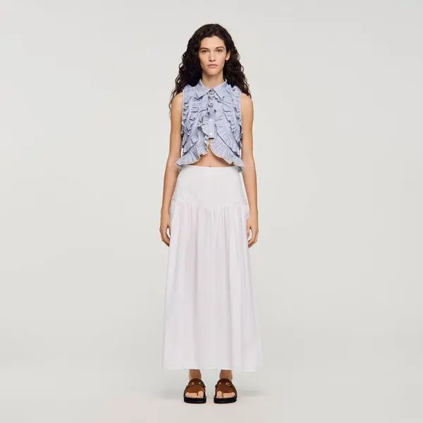 Sandro Maxi Poplin Flared Skirt With Cut-outs And Ties