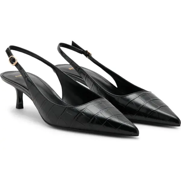 Mango Croc Embossed Slingback Kitten Heel Pumps - Black