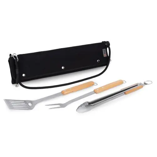 Legacy Bbq Roll Up 3 Piece Set Canvas With Beechwood Tools - Black