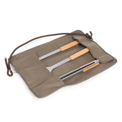Legacy Bbq Roll Up 3 Piece Setgreen Canvas With Beechwood Tools - Green