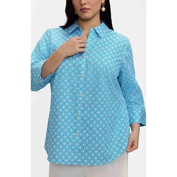 Foxcroft Margie Geo Lattice Three-quarter Sleeve Button-up Shirt