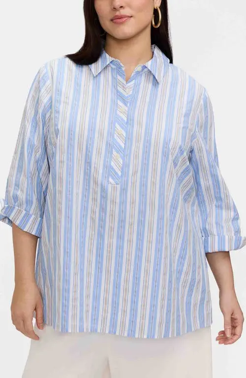 Foxcroft Therese Stripe Button Back Cotton Seersucker Popover Shirt - Blue Multi