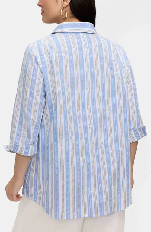 Foxcroft Therese Stripe Button Back Cotton Seersucker Popover Shirt - Blue Multi