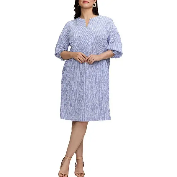 Foxcroft Alicia Stripe Crinkle Jacquard Shift Dress - Blue/white