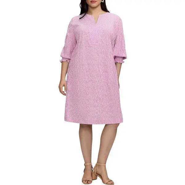 Foxcroft Alicia Stripe Crinkle Jacquard Shift Dress - Pink/white