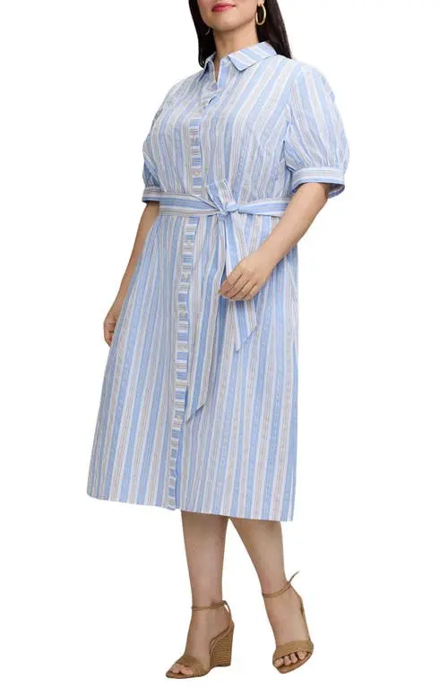 Foxcroft Esther Belted Stripe Cotton Shirt Dress - Blue Multi