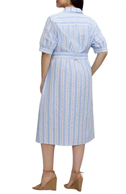 Foxcroft Esther Belted Stripe Cotton Shirt Dress - Blue Multi