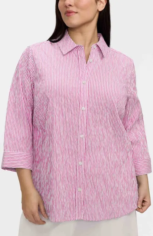 Foxcroft Hampton Stripe Three-quarter Sleeve Button-up Shirt - White/pink
