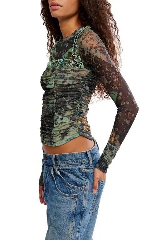 Free People Ariana Printed Ruffle Shirred Mesh Shirt - Sage Combo