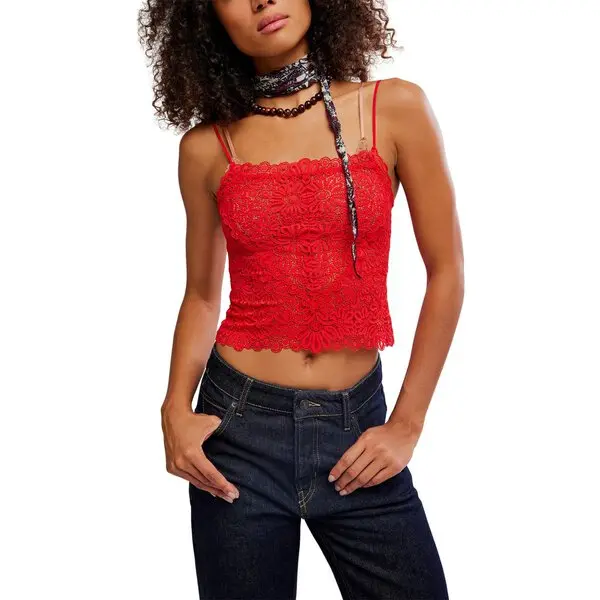Free People Love And Lace Semi-sheer Crop Camisole - High Risk Red