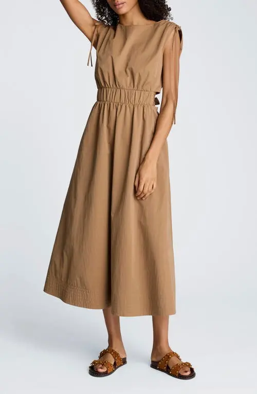 KENNETH COLE Cutout Detail Ruched Waist Cotton Midi Dress - Mesquite