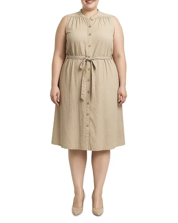 STANDARDS & PRACTICES Plus Button Front Self Tie Sleeveless Midi Dress - Beige
