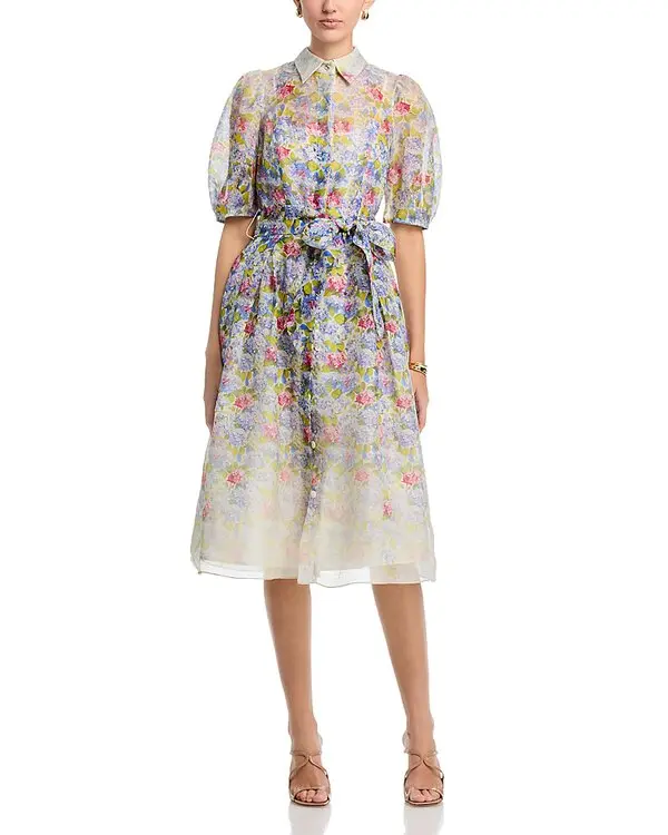 Rickie Freeman For Teri Jon Silk Linen Printed Puff Sleeve Dress - Purple Multi