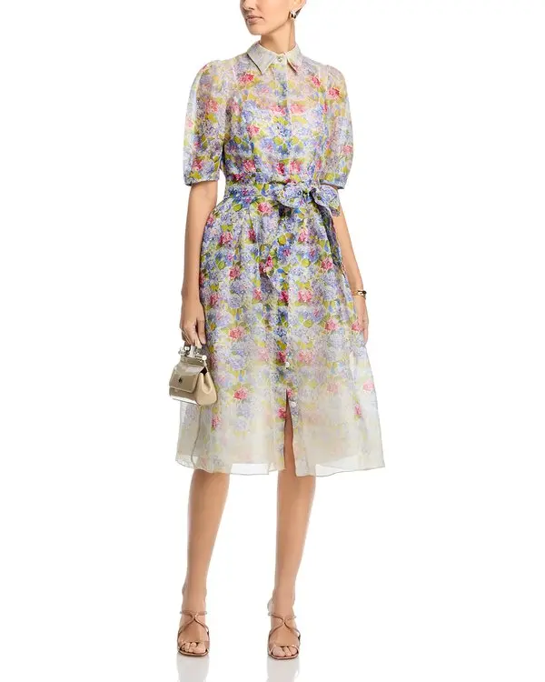Rickie Freeman For Teri Jon Silk Linen Printed Puff Sleeve Dress - Purple Multi