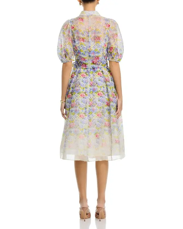 Rickie Freeman For Teri Jon Silk Linen Printed Puff Sleeve Dress - Purple Multi
