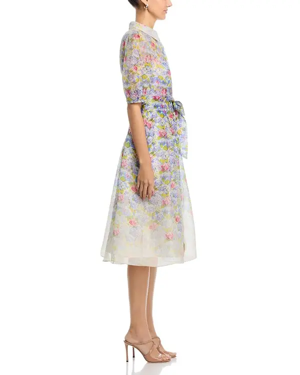 Rickie Freeman For Teri Jon Silk Linen Printed Puff Sleeve Dress - Purple Multi