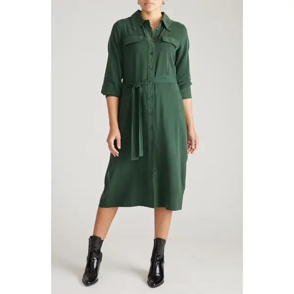 Universal Standard Cooling Long Sleeve Stretch Cupro Blend Shirtdress - Forest Green