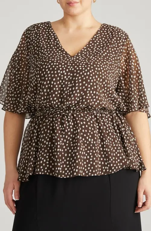 Universal Standard Milou Faux Wrap Top - Brown/white Dot Print