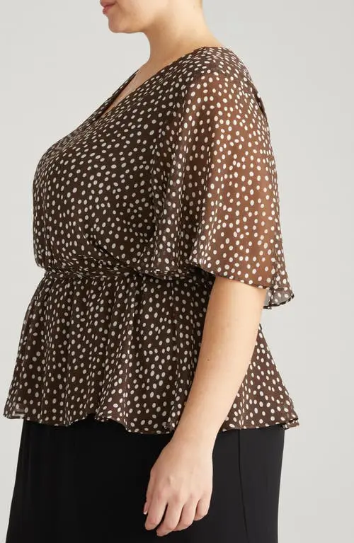 Universal Standard Milou Faux Wrap Top - Brown/white Dot Print