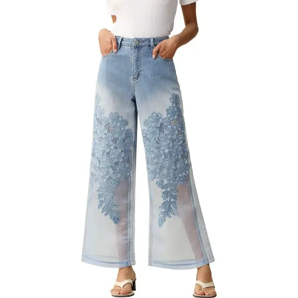 BAYEAS Embroidered High-waist Wide-leg Jeans - Light Blue