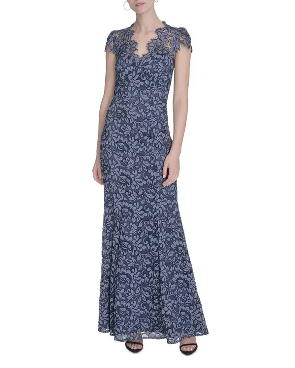 Eliza J Scalloped-edge Lace Gown - Denim