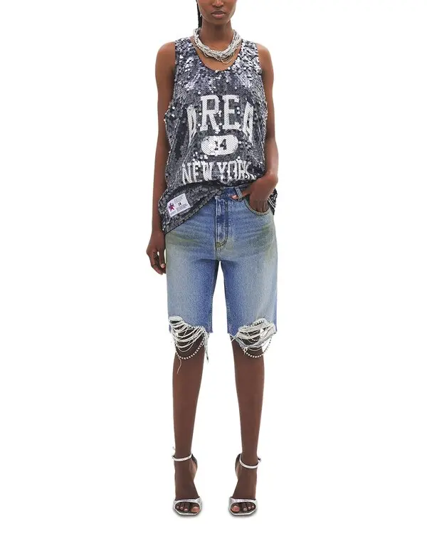 AREA Crystal Strands Frayed Denim Shorts