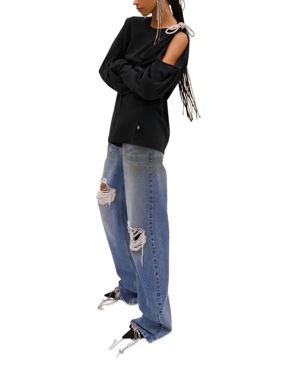 AREA Crystal Fray Relaxed Jeans - Medium Blue