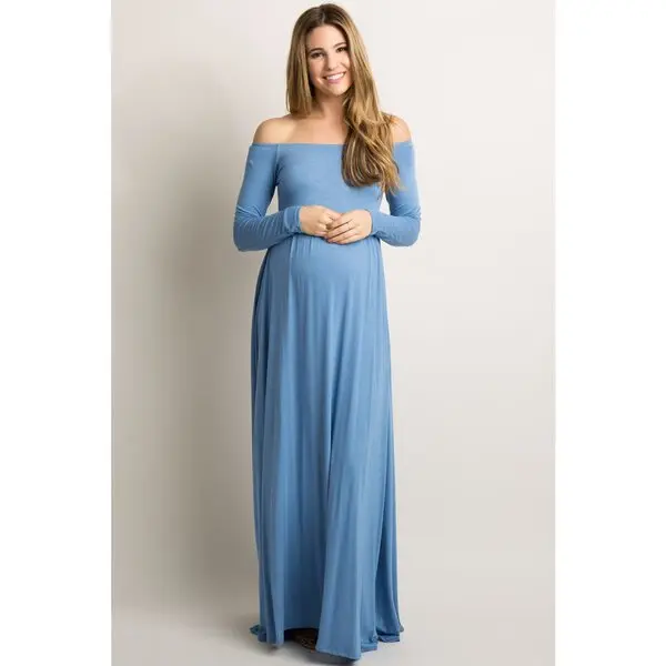 PINKBLUSH Off Shoulder Maternity Maxi Dress - Blue