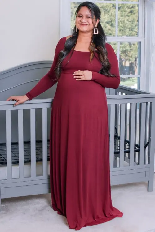 PINKBLUSH Petite Off Shoulder Maxi Dress - Burgundy