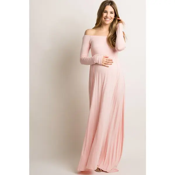 PINKBLUSH Petite Solid Off-the-shoulder Maxi Dress With Long Sleeves - Pink