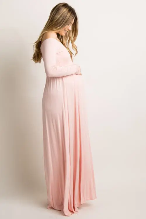 PINKBLUSH Off Shoulder Maternity Maxi Dress - Pink