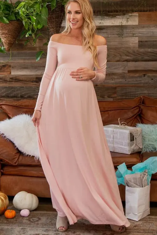 PINKBLUSH Off Shoulder Maternity Maxi Dress - Pink