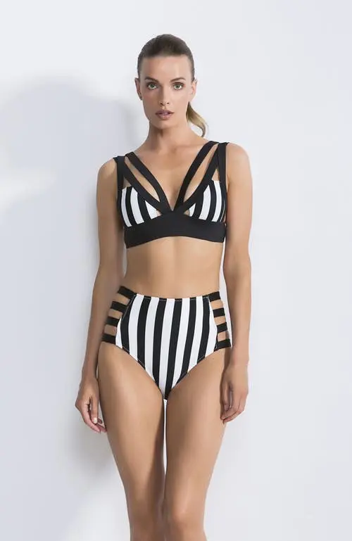 NESSI BYRD Piano Stripe Multi-strap Bikini Set - Black-white
