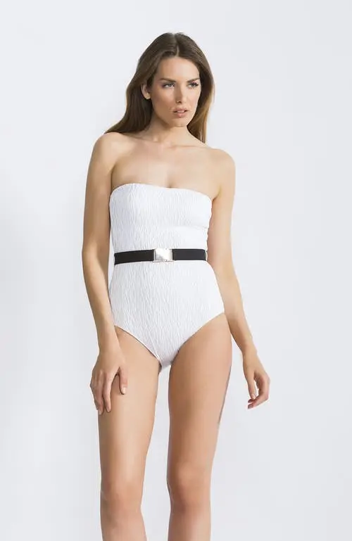 NESSI BYRD Strapless Textured One-piece Swimsuit With Belt - White