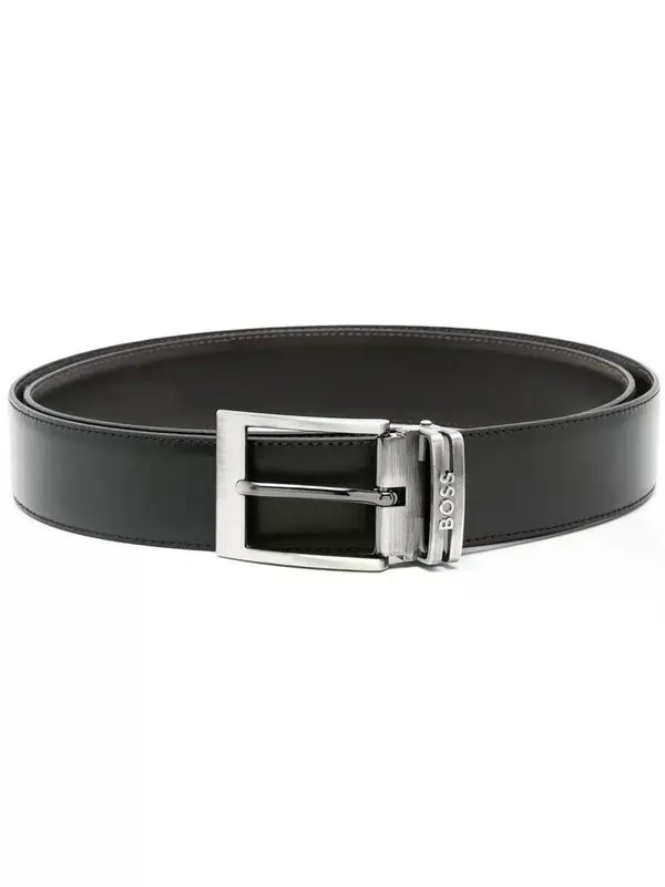 BOSS Logo Buckle Leather Belt - Black