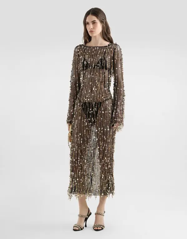 Dolce & Gabbana Long Dress With Fringe And Sequin Embroidery