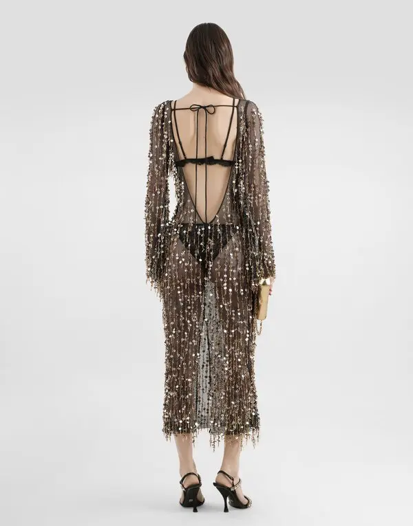 Dolce & Gabbana Long Dress With Fringe And Sequin Embroidery