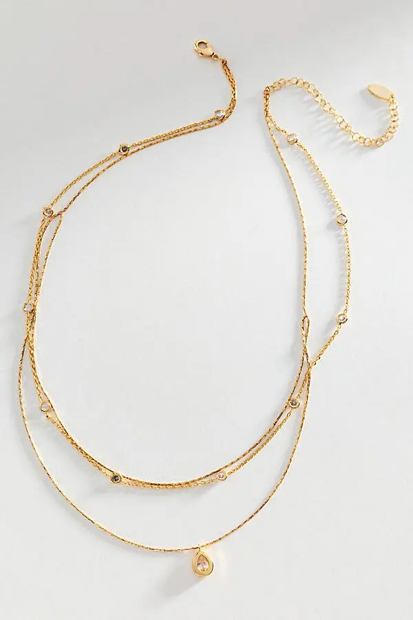 Anthropologie Delicate Layered Crystal Necklace - Gold