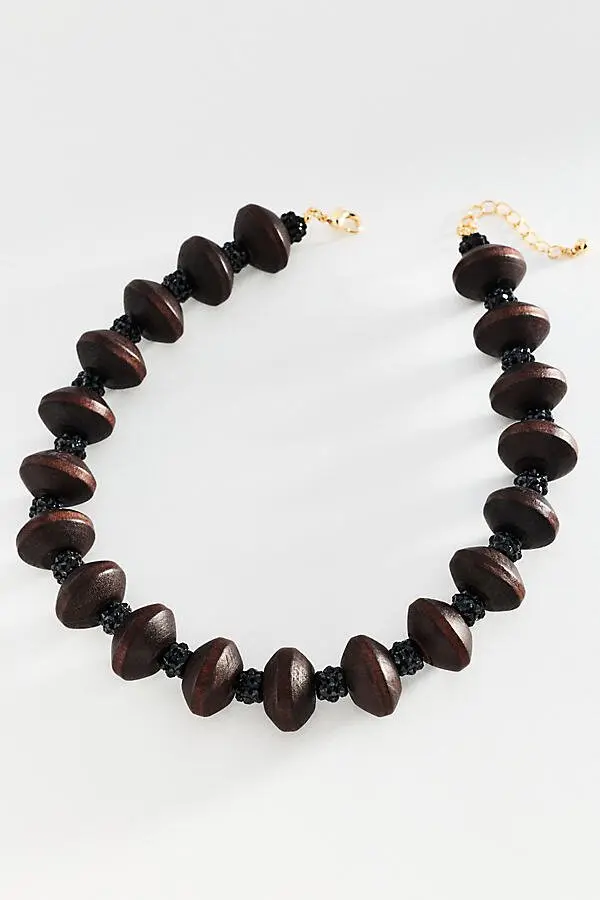 Anthropologie Chunky Crystal Wooden Bead Necklace - Wood + Black