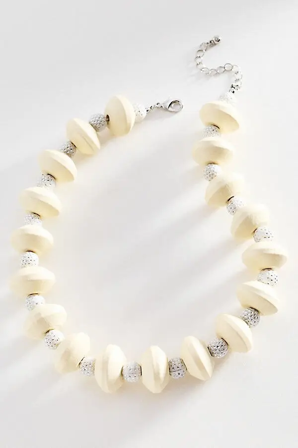 Anthropologie Chunky Crystal Wooden Bead Necklace - Wood + Silver