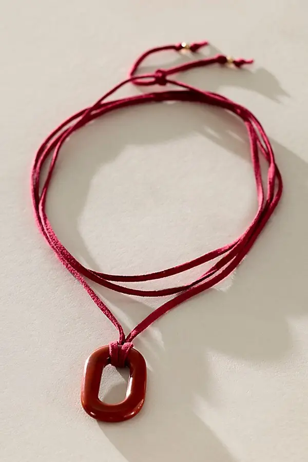 ALV Semiprecious Stone On Suede Necklace - Red Jasper On Red Vegan Suede