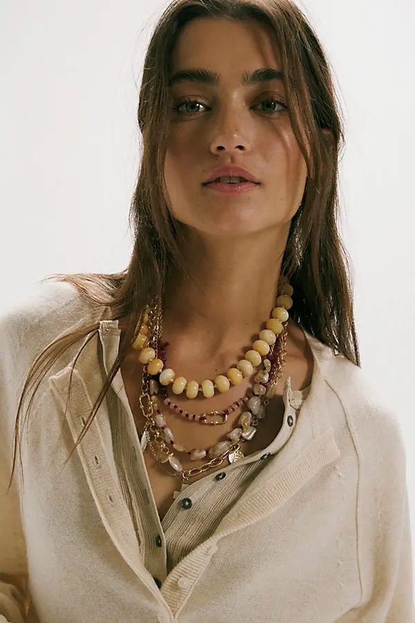 ARIANA OST Layered Beaded Semiprecious Stone Necklace - Rose Quartz/gold