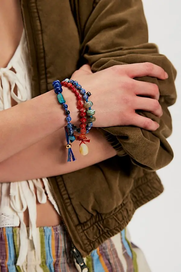 Free People Beaded Bracelet With Charm Detail - Lapis