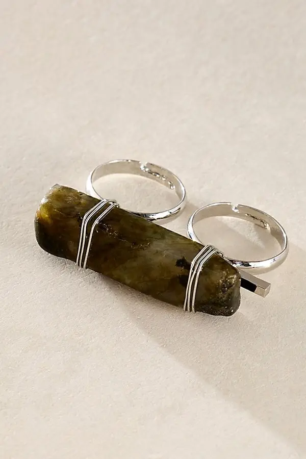 ARIANA OST Mina Two Finger Semiprecious Stone Ring - Labradorite/silver