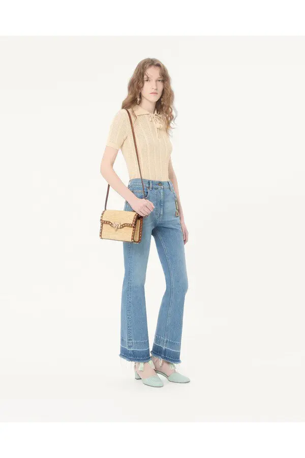Valentino Garavani Rockstud Small Raffia Shoulder Bag - Brown