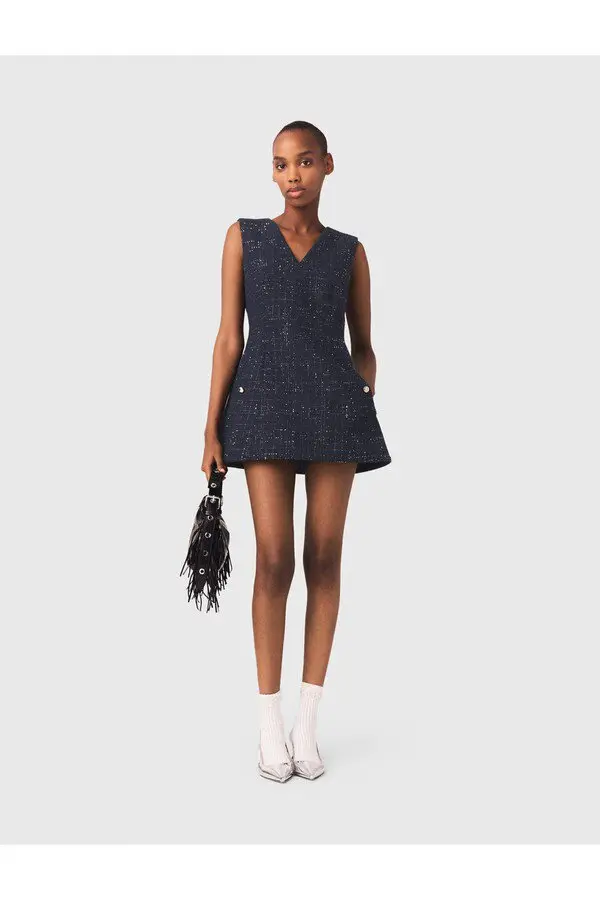 Maje Cotton Tweed Playsuit With Rhinestone Embellishments - Black