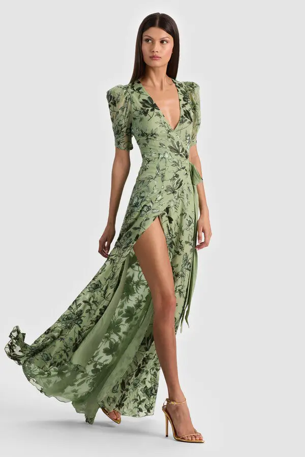 Alice + Olivia Tiana Printed Silk Satin Burnout Wrap Maxi Dress - Natural