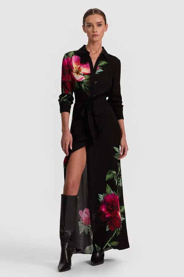 Alice + Olivia Printed Maxi Shirt Dress - Black