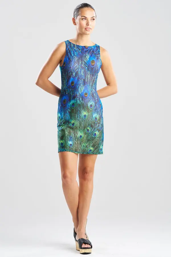 Natori Peacock Print Mesh Mini Dress